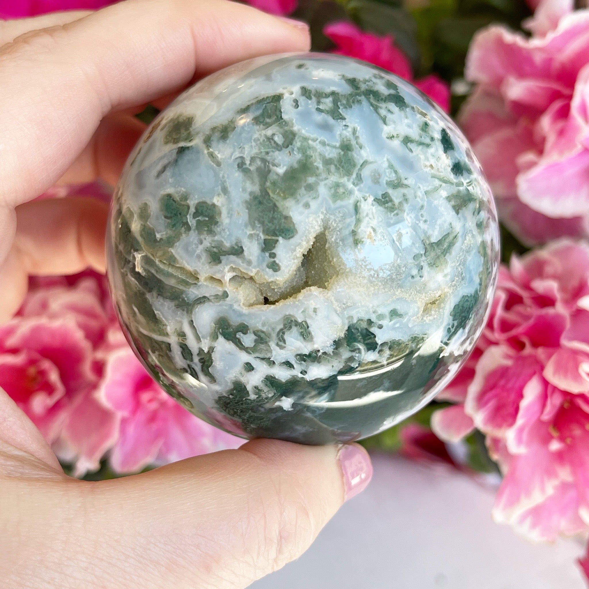 Green Moss Agate Crystal Sphere – Luscious Earth Creation